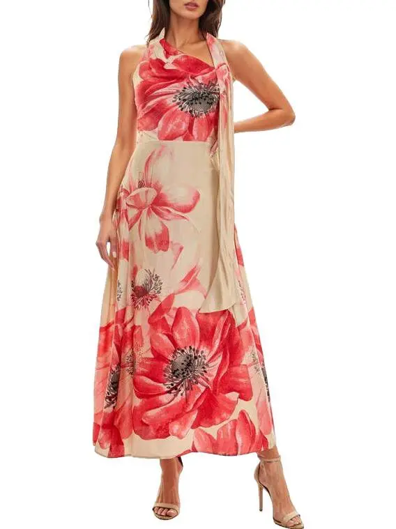 SOCIALITE Drape Satin Cocktail Maxi Dress - Peach/coral