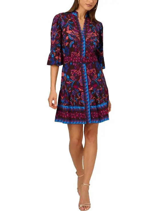 Adrianna Papell Floral Flounce Belted Dress - Brown Multi