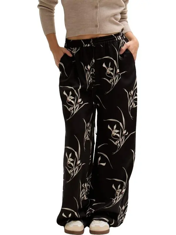 LILY AND LIONEL Lillibet Wide Leg Floral Print Trouser - Black