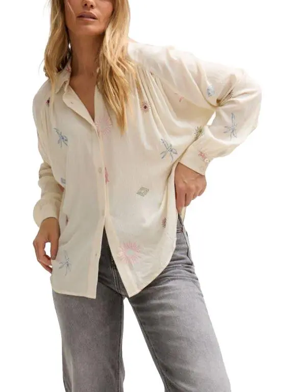 LILY AND LIONEL Swallow Crinkle Embroidered Shirt - Natural