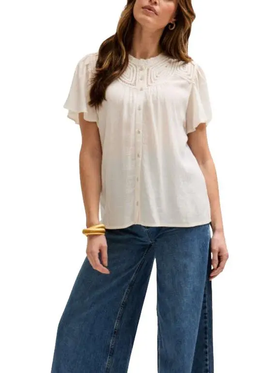 LILY AND LIONEL Lace Insert Angel Sleeve Shirt - Natural