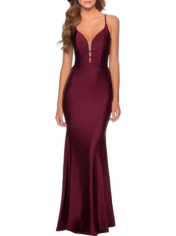 LABOMME Long Dress With Knotted Detail And Lace Up Back - Dark Berry