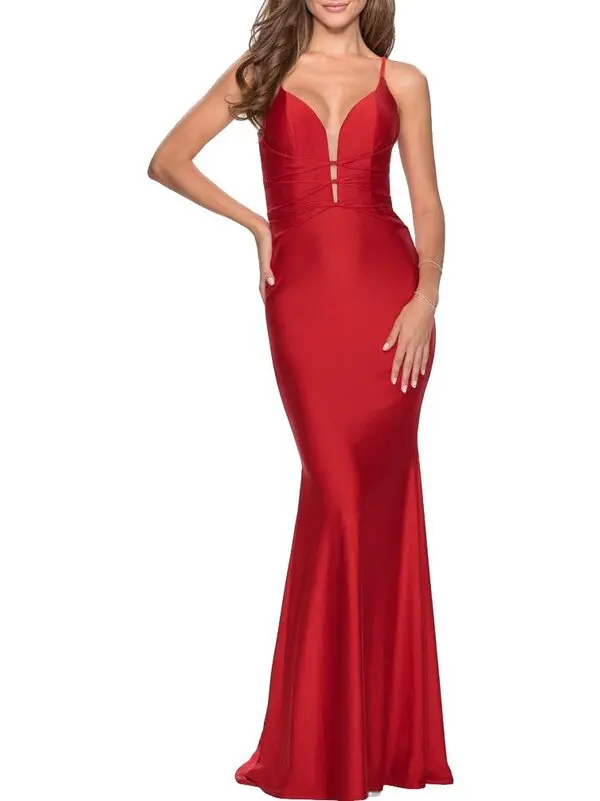 LABOMME Long Dress With Knotted Detail And Lace Up Back - Red