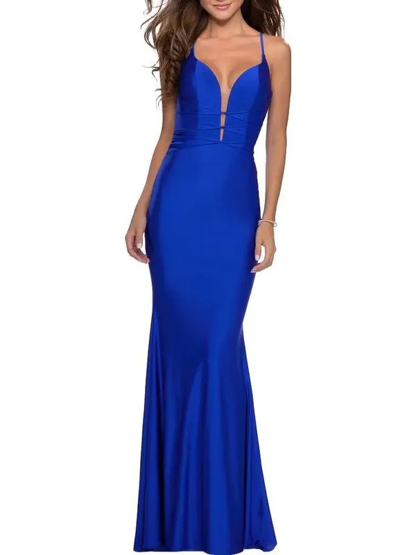LABOMME Long Dress With Knotted Detail And Lace Up Back - Royal Blue