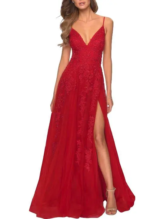 La Femme Tulle Ball Gown With Floral Appliques - Red