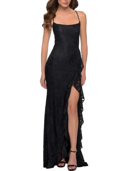 LABOMME Stretch Lace Gown With Strappy Back And Slit - Black