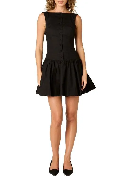 NIA Karo Button-front Fit & Flare Mini Dress - Black