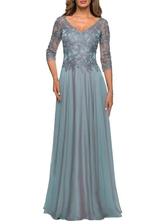 LABOMME Chiffon Dress With Lace Bodice And V-neckline - Slate Blue