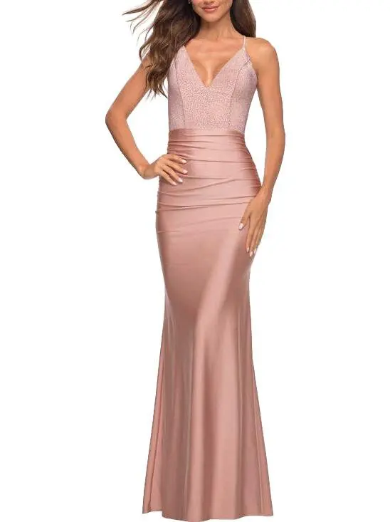 LABOMME Jersey Gown With Rhinestone Beaded Top - Mauve