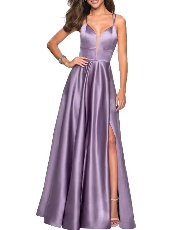 LABOMME Long Satin Formal Gown With Leg Slit And Strappy Back - Lavender/gray