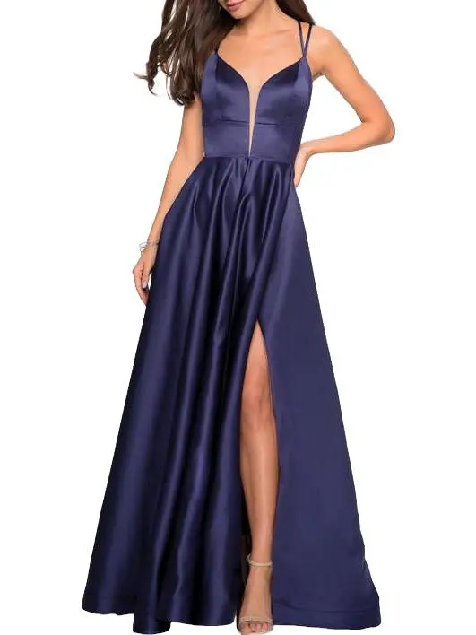 La Femme Long Satin Formal Gown With Leg Slit And Strappy Back - Navy