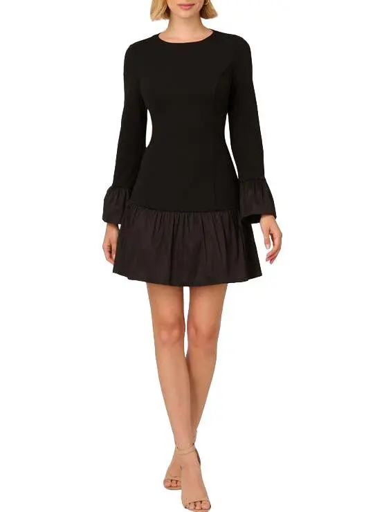 Adrianna Papell Long Sleeve Crepe & Taffeta Minidress - Black