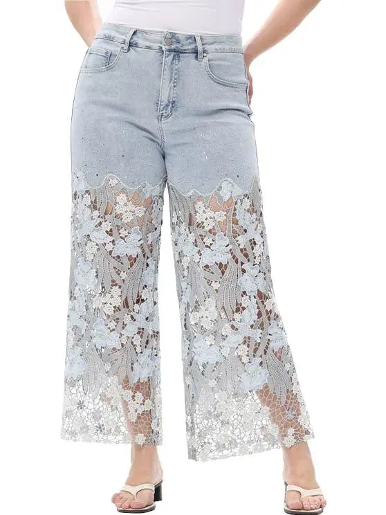 BAYEAS Crystal Embellished Lace Wide Leg Jeans - Lesley Blue