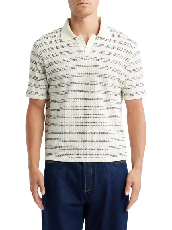 PERCIVAL Laurent Stripe Johnny Collar Cotton Blend Polo - Ecru