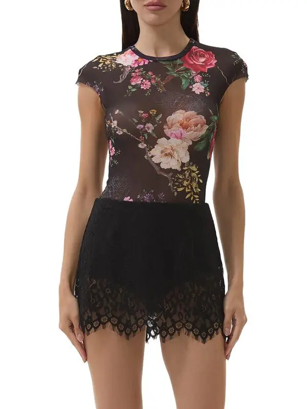 AFRM Nina Print Cap Sleeve Mesh Top - Noir Summer Rose