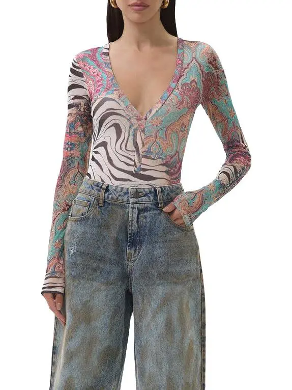 AFRM Harris Mixed Print Mesh Bodysuit - Gilded Paisley