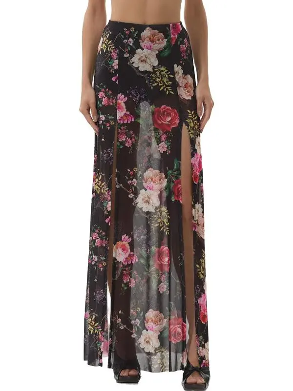 AFRM Batien Printed Mesh Maxi Skirt - Noir Summer Rose