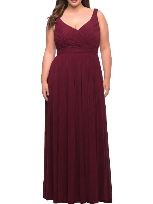 LABOMME Net Jersey Long Gown With Slit - Dark Berry