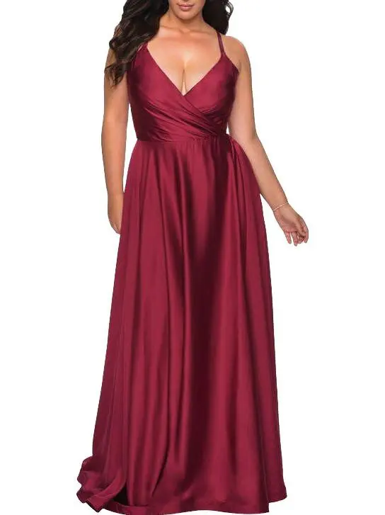 LABOMME Satin A-line Plus Dress With Lace Up Back - Wine