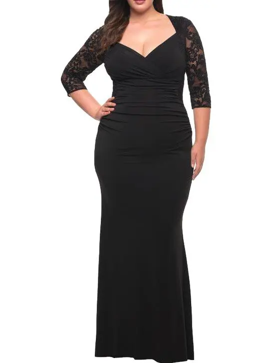 LABOMME Jersey Gown With Lace Sleeves And Back - Black