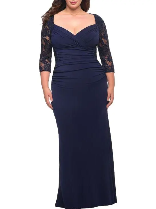 LABOMME Jersey Gown With Lace Sleeves And Back - Navy