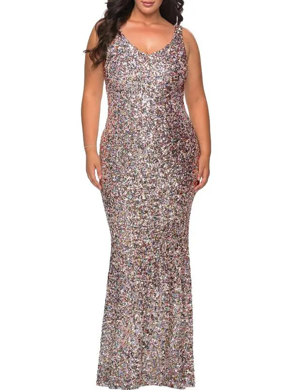 La Femme Floor Length Sequin Gown - Silver