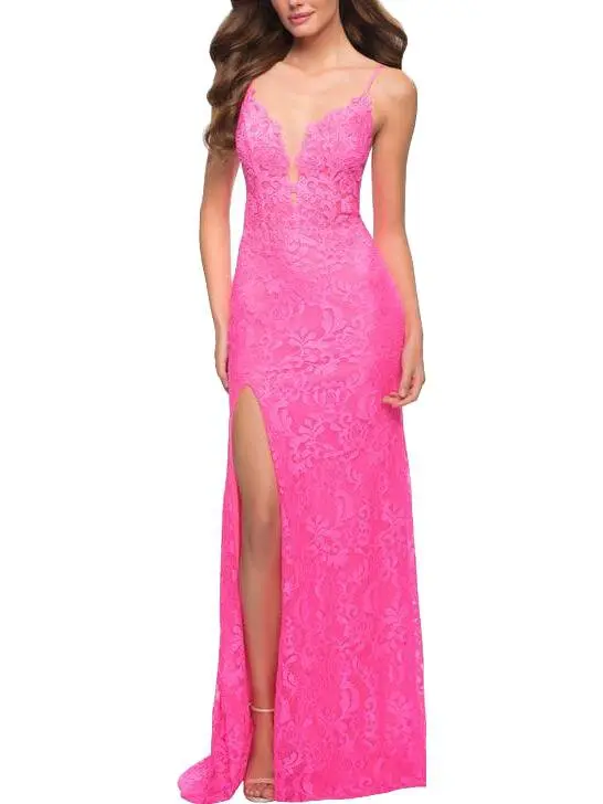 LABOMME Stretch Lace Gown - Neon Pink