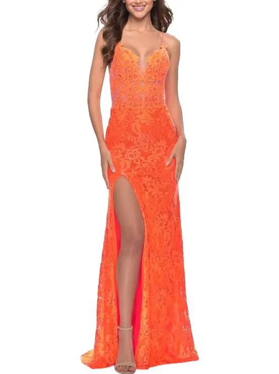 La Femme Stretch Lace Prom Gown - Orange