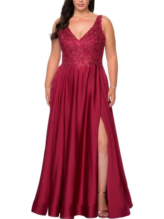 LABOMME A-line Dress With Rhinestone Lace Bodice - Wine