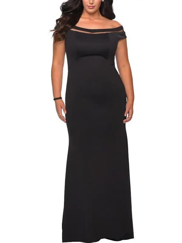 La Femme Off-the-shoulder Gown With Sheer Neckline Detail - Black