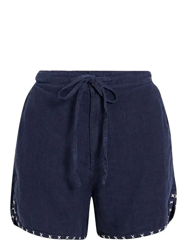 THE ELDER STATESMAN Embroidered Linen Shorts - Navy