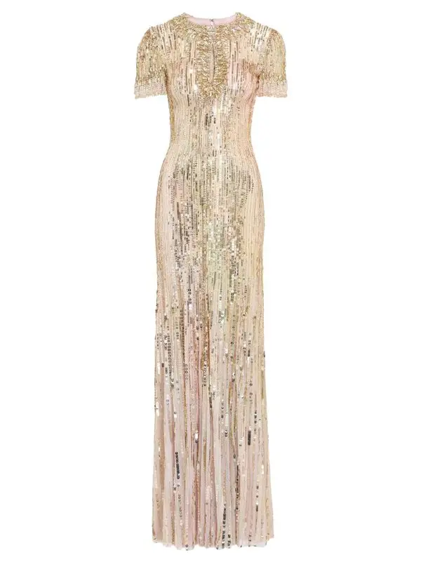 Jenny Packham Nova Sequin-embellished Keyhole-neck Maxi Dress - Neutrals