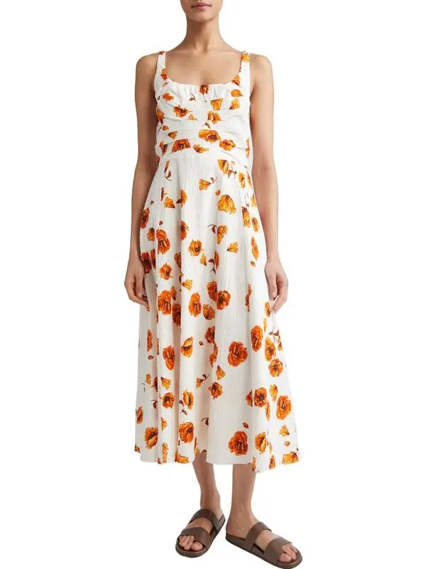 EMILIA WICKSTEAD Verena Poppies Print Seersucker Midi Dress - Orange Poppies