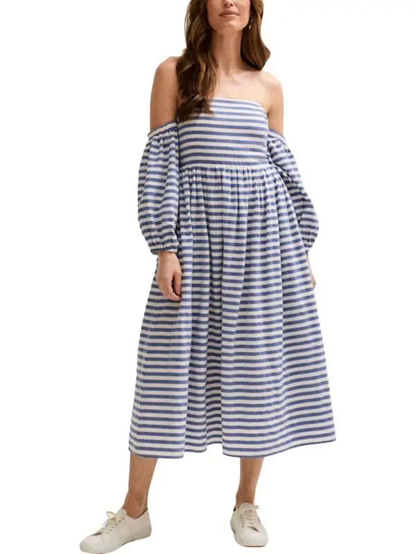 LILY AND LIONEL Sara Bardot Neck Midi Dress - Navy