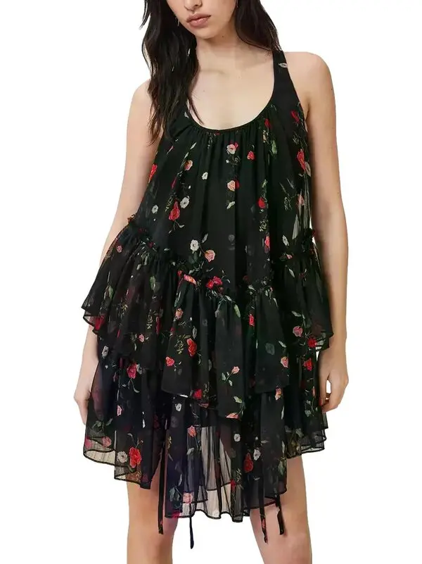 ALLSAINTS Floral Tiered Ruffled Asymmetric Day Dress - Black