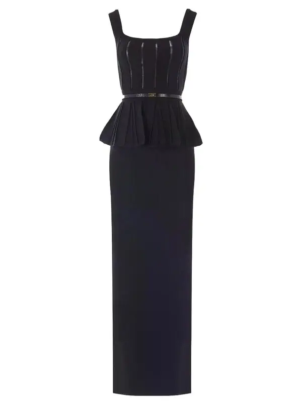 Elisabetta Franchi Red Carpet Pleated-peplum Knit Maxi Dress - Black