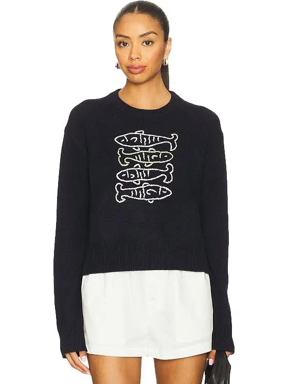 WHITE & WARREN Cashmere Embroidered Crew Sweater - Deep Navy Combo
