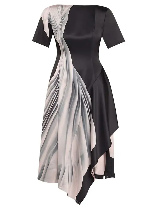 JASON WU Dancing Pleat Asymmetric Midi Dress - Black  Light Pink M