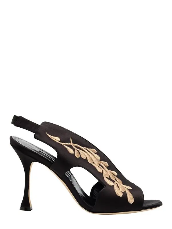 Manolo Blahnik Pancrabonu Embroidered Satin Sandals - Black