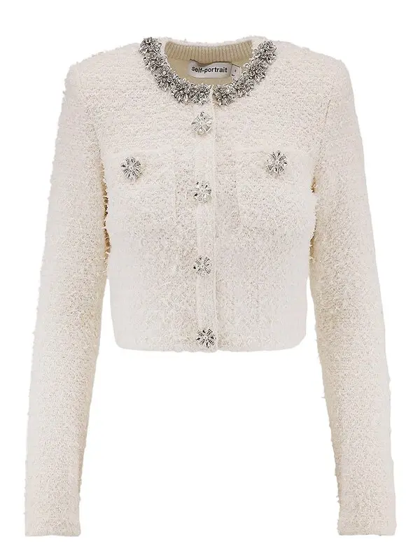 SELF-PORTRAIT Cotton-blend Cardigan With Rhinestones - White