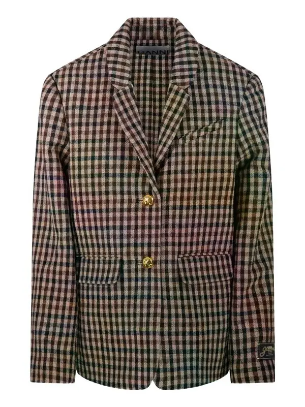 GANNI Gingham Check Buttoned Blazer - Brown