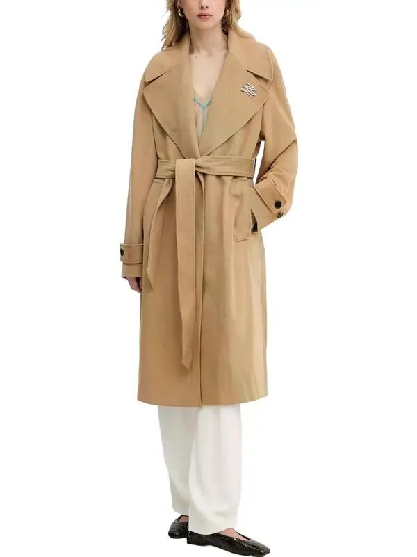 Karl Lagerfeld Belted Coat With Logo Brooch - Neutrals