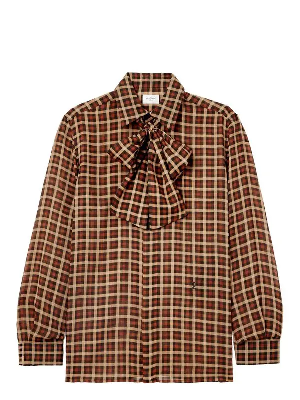 Saint Laurent Pussy-bow Checked Wool Shirt - Brown