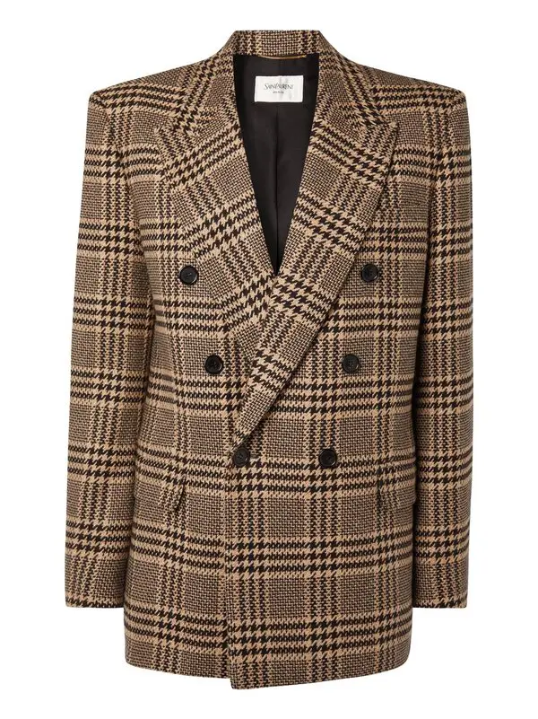 Saint Laurent Double-breasted Checked Silk And Cashmere-blend Blazer - Brown