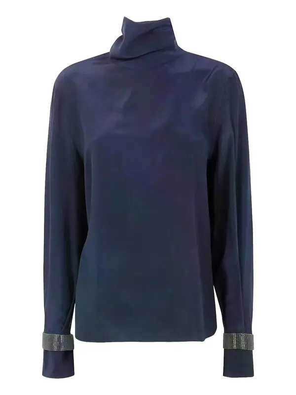 Brunello Cucinelli High-neck Embellished-cuff Blouse - Blue