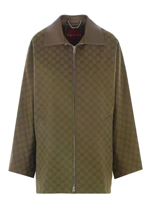 Gucci Gg Monogram Leather-collar Coat - Green