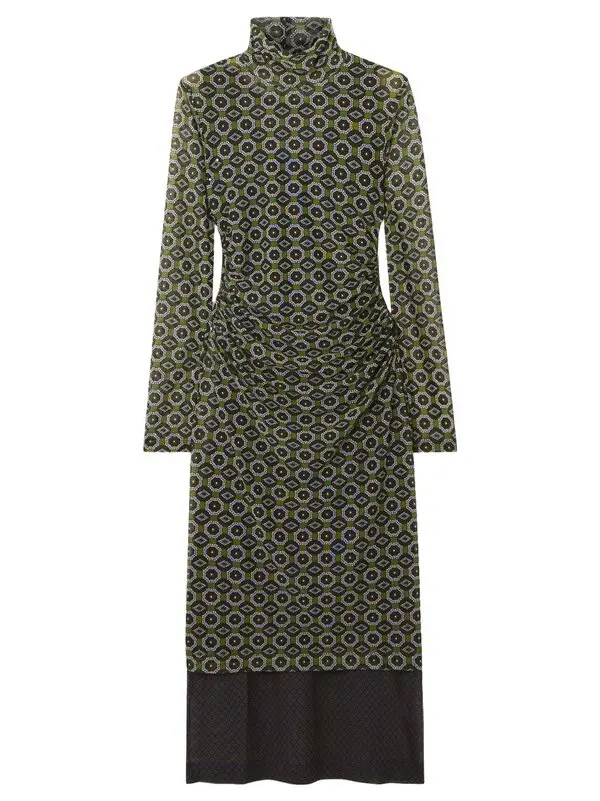 Dries Van Noten Layered Printed Mesh Turtleneck Midi Dress - Green
