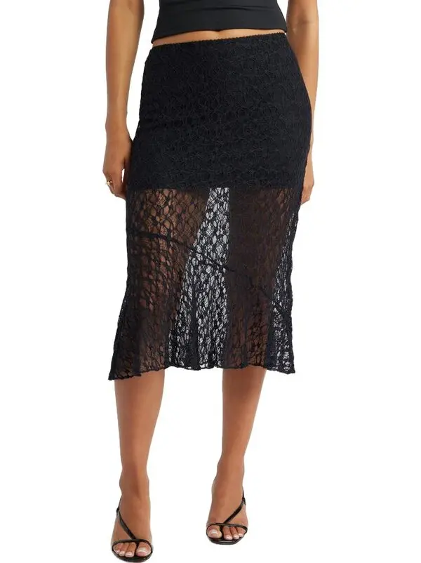 OPEN EDIT Lace Elastic-waist Midi Skirt - Black
