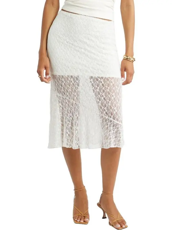 OPEN EDIT Lace Elastic-waist Midi Skirt - Ivory