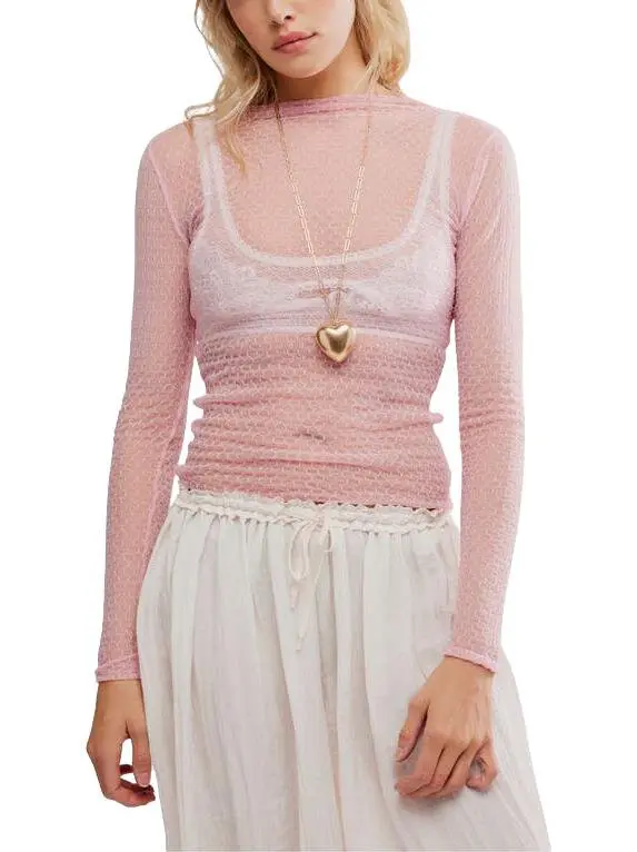 Free People Sheer Stitched Top - Tickled Pink
